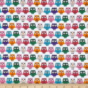 juvenile stretch interlock knit prints multi owls white/multi, fabric by the yard