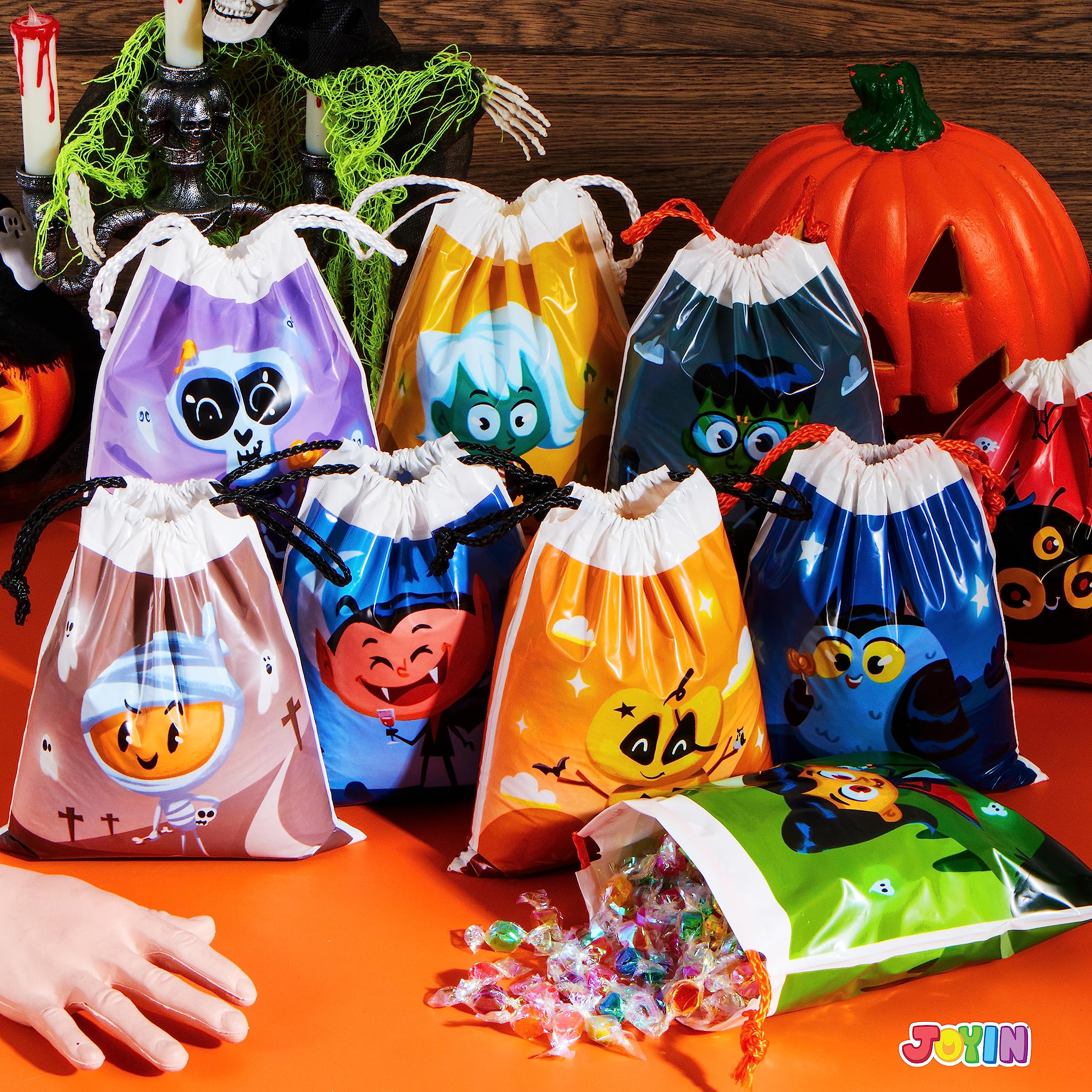 JOYIN 72 Pcs Plastic Halloween Drawstring Treat Bags, Cute Halloween Candy Bags in 9 Character Designs, Small Trick or Treat Bags, Goodie Gift Bags Halloween Party Favors Supplies