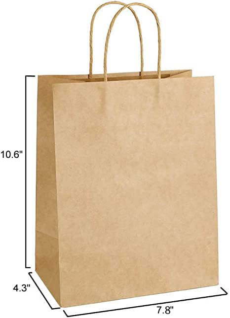 HSMOK 100PCS 7.8x4.3x10.6 Kraft Paper Bags with Handles for Wedding Party Craft Retail Packaging Recycled Twist handles Gift Bag (Brown,100)