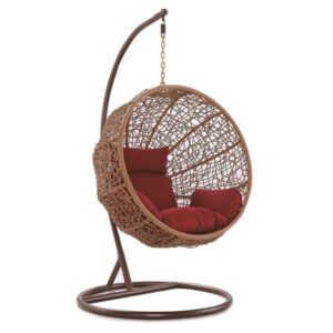 manhattan comfort zolo egg patio swing chair with removable water-repellent cushion, all-weather metal & wicker rattan hanging lounge, for indoor and outdoor use, free-standing design, red