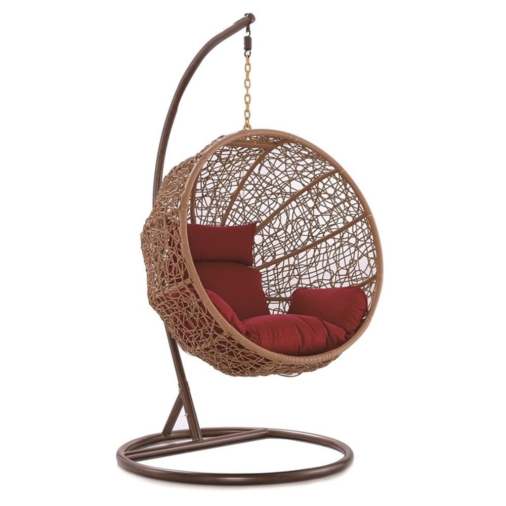 Manhattan Comfort Zolo Egg Patio Swing Chair with Removable Water-Repellent Cushion, All-Weather Metal & Wicker Rattan Hanging Lounge, for Indoor and Outdoor Use, Free-Standing Design, Red