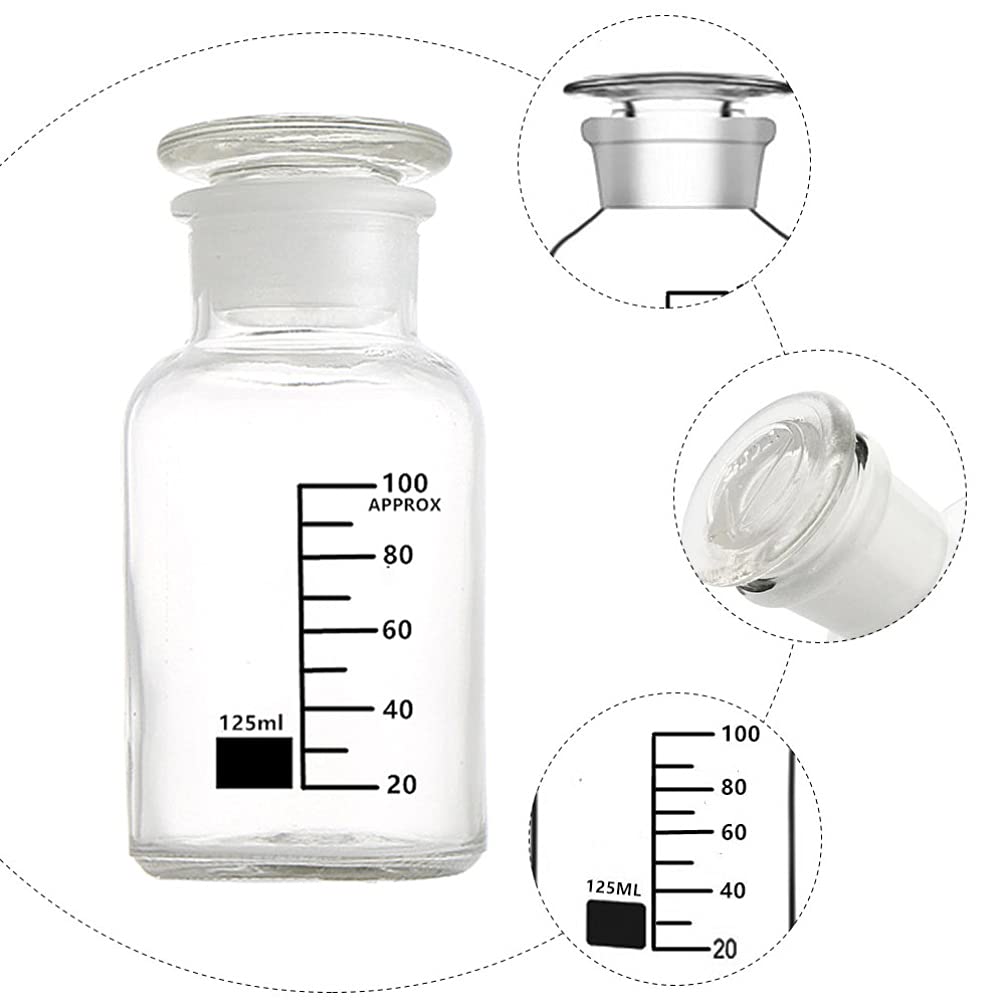 iplusmile Reagent Bottle Apothecary Jar, Glass Wide Mouth Reagent Bottle 125ml Capacity Laboratory Chemistry Sample Glass Bottle with Glass Stopper and Scale for Lab and Kitchen