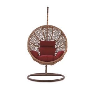 Manhattan Comfort Zolo Egg Patio Swing Chair with Removable Water-Repellent Cushion, All-Weather Metal & Wicker Rattan Hanging Lounge, for Indoor and Outdoor Use, Free-Standing Design, Red