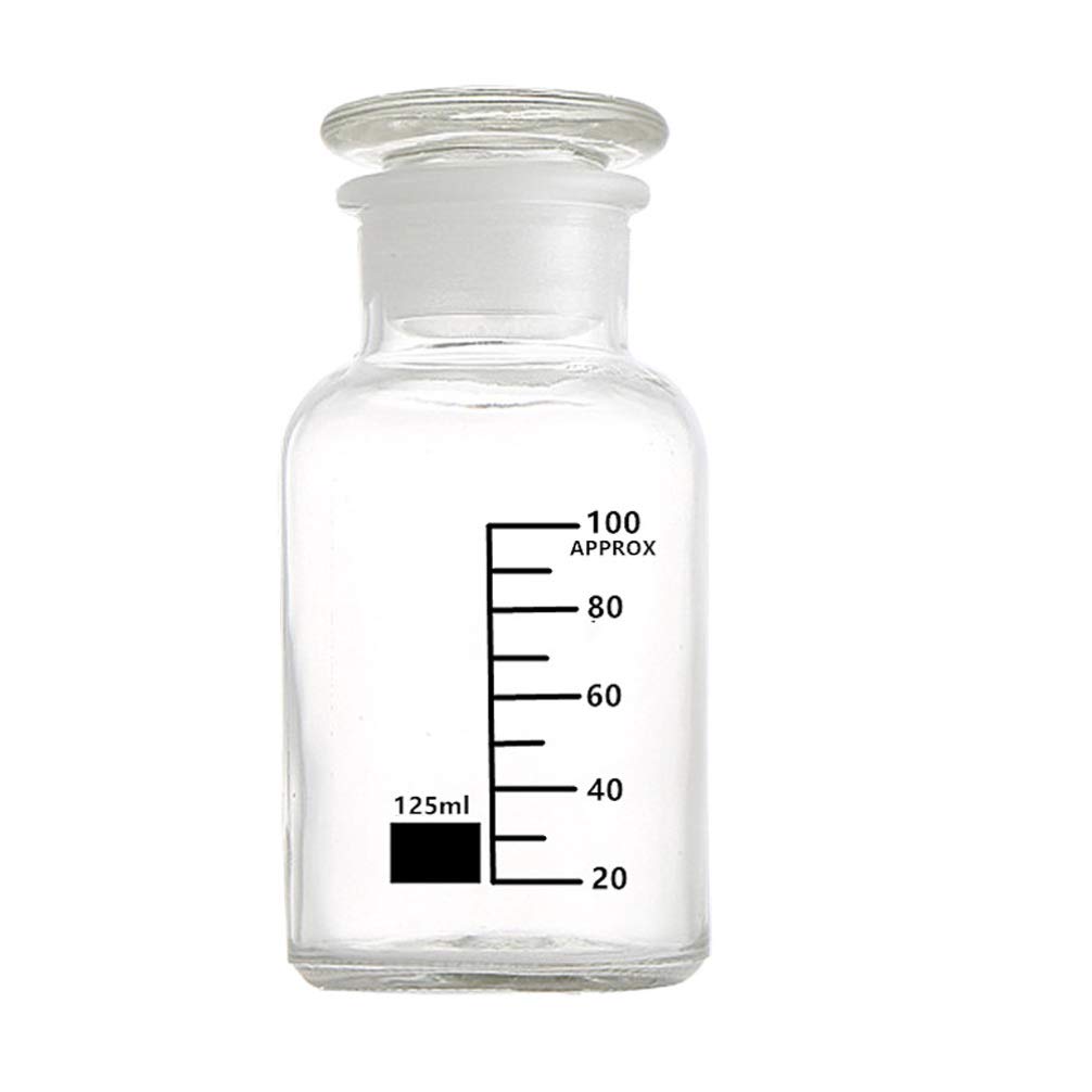 iplusmile Reagent Bottle Apothecary Jar, Glass Wide Mouth Reagent Bottle 125ml Capacity Laboratory Chemistry Sample Glass Bottle with Glass Stopper and Scale for Lab and Kitchen