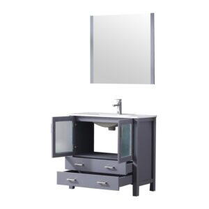 Lexora Volez 36 in W x 18.25 in D Dark Grey Bath Vanity, White Ceramic Top, Faucet Set and 34 in Mirror