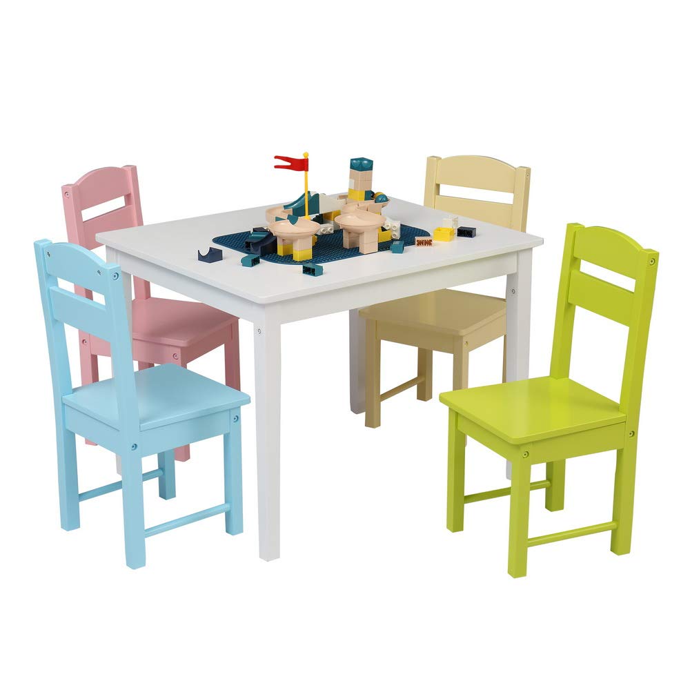 Children's Wooden Table and Chair Set,Kids Wooden Table and Chairs, 5 Pieces Set Includes 4 Chairs and 1 Activity Table, Picnic Table with Chairs for Kids (Colorful)