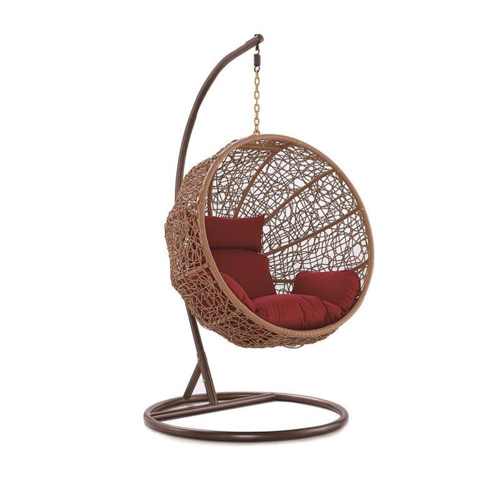 Manhattan Comfort Zolo Egg Patio Swing Chair with Removable Water-Repellent Cushion, All-Weather Metal & Wicker Rattan Hanging Lounge, for Indoor and Outdoor Use, Free-Standing Design, Red