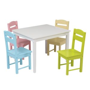 children's wooden table and chair set,kids wooden table and chairs, 5 pieces set includes 4 chairs and 1 activity table, picnic table with chairs for kids (colorful)