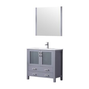 Lexora Volez 36 in W x 18.25 in D Dark Grey Bath Vanity, White Ceramic Top, Faucet Set and 34 in Mirror