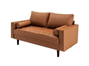 container furniture direct womble mid century modern couch with bolster pillows, pu leather upholstered tufted seat, versatile retro design for comfortable living spaces, loveseat, coffee brown