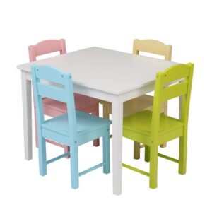 Children's Wooden Table and Chair Set,Kids Wooden Table and Chairs, 5 Pieces Set Includes 4 Chairs and 1 Activity Table, Picnic Table with Chairs for Kids (Colorful)