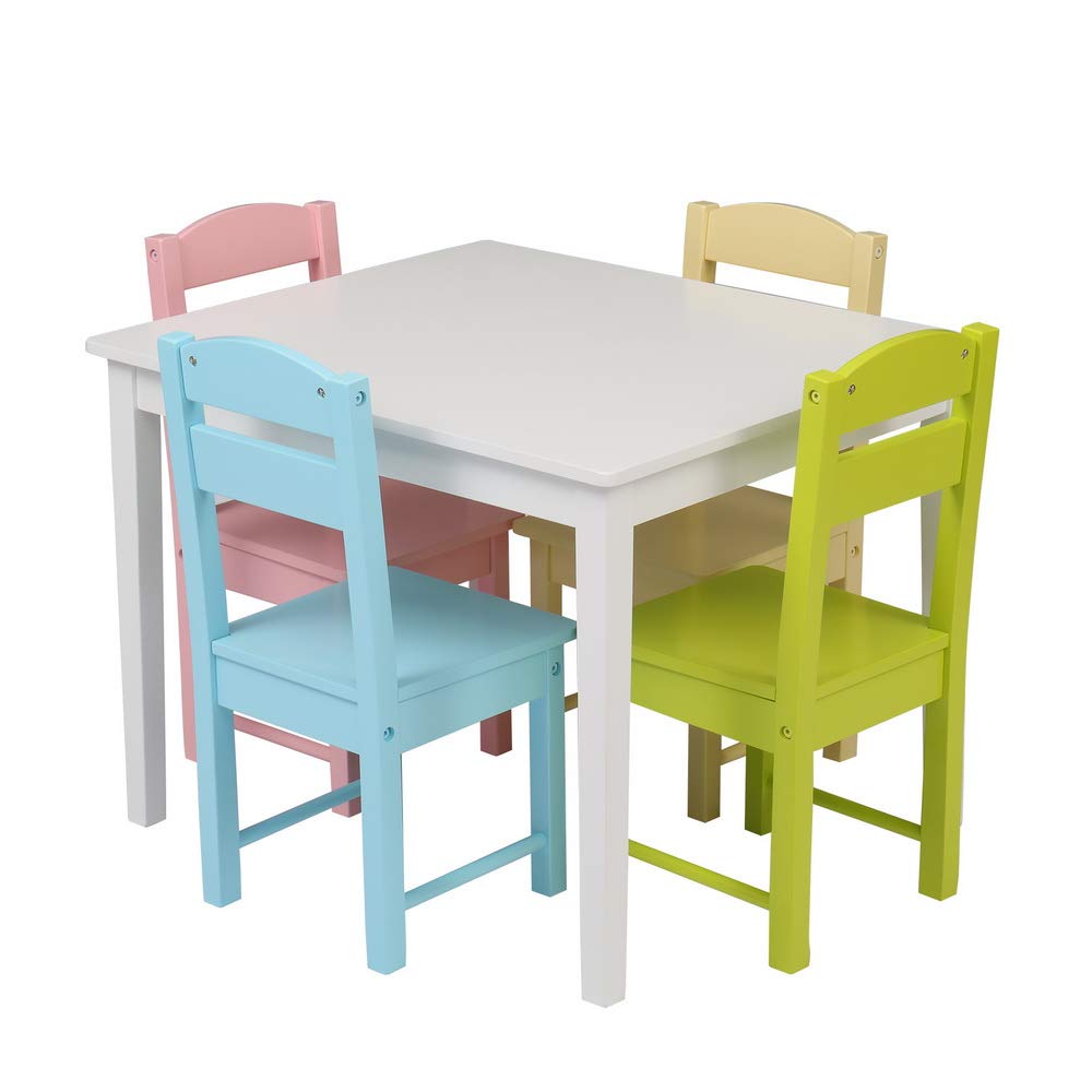 Children's Wooden Table and Chair Set,Kids Wooden Table and Chairs, 5 Pieces Set Includes 4 Chairs and 1 Activity Table, Picnic Table with Chairs for Kids (Colorful)