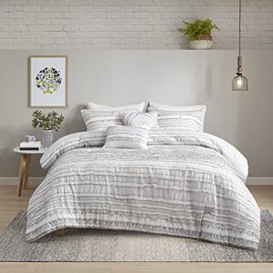 urban habitat avery 100% cotton clipped jacquard duvet casual stripe design, all season comforter cover modern bedding set with matching sham, decorative pillow, full/queen, grey 5 piece