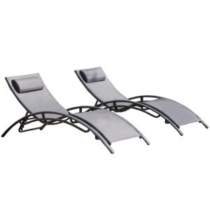 SUMETURE Outdoor Patio Lounge Chair Set of 2,Adjustable Chaise with Pillow,Lounge Chairs with 4 Adjustable Backrest Positions for Poolside,Garden,Balcony(Grey)