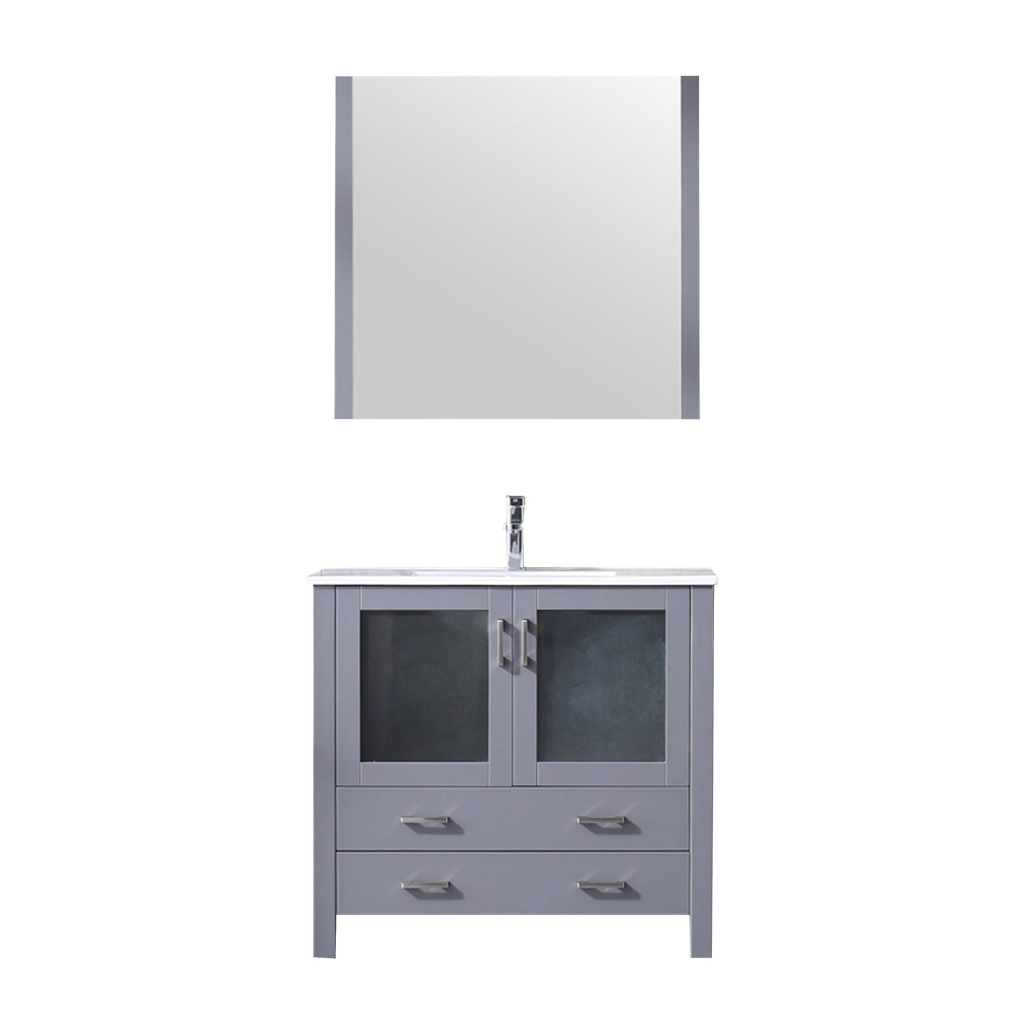 Lexora Volez 36 in W x 18.25 in D Dark Grey Bath Vanity, White Ceramic Top, Faucet Set and 34 in Mirror