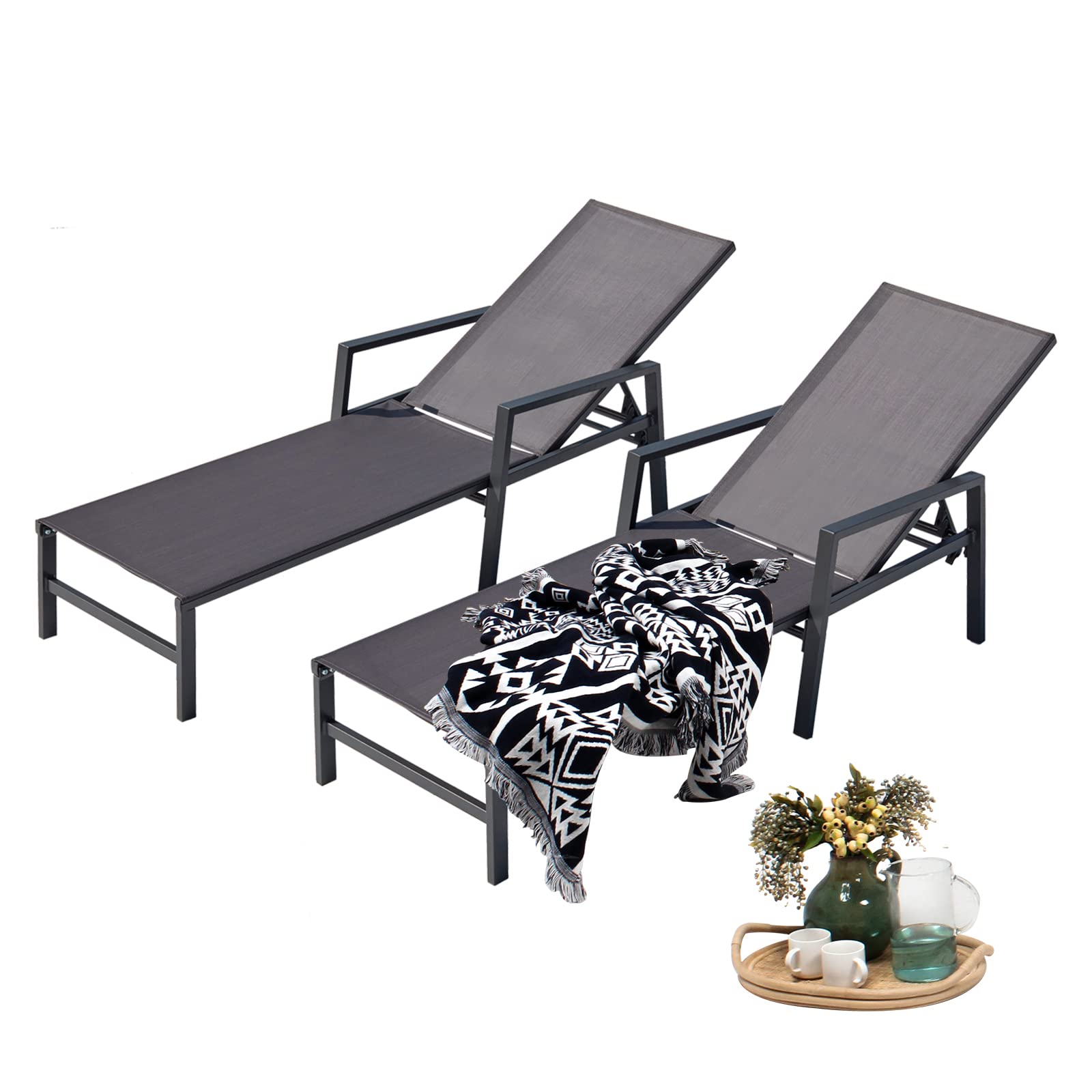 SUMETURE Aluminum Chaise Lounge Chairs Set of 2,5 Adjustable Outdoor Lounge Chaise Chairs,Patio Chaise Lounge with Armrests, Outdoor Patio Lounge Chair for Beach Poolside,Balcony,Lawn,Yard(Grey)