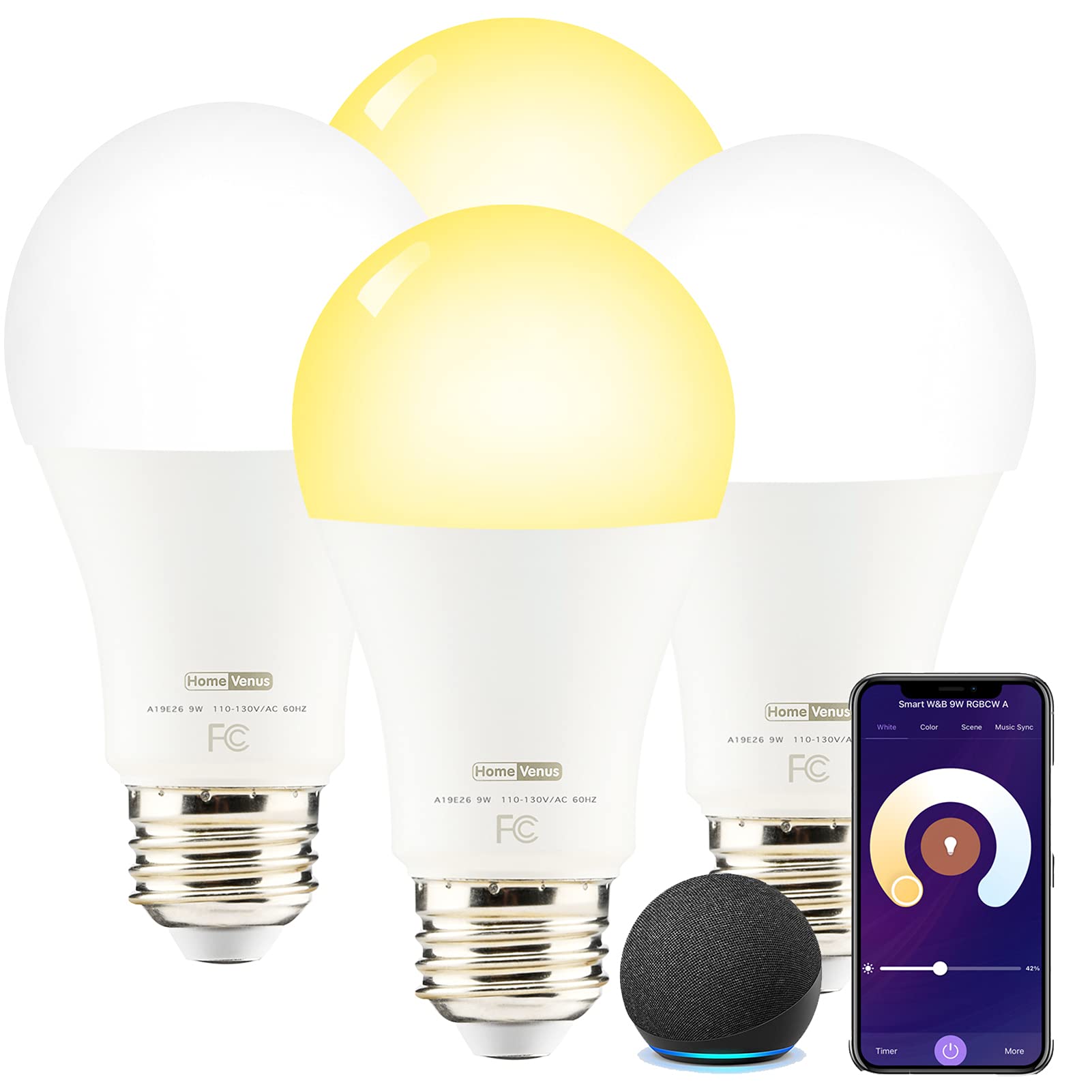 Homevenus HVS Smart Light Bulbs,9W A19 E26 Dimmable Tunable Cool Warm White LED Light Bulb 2500k-6500k, APP Control 2.4GHz WiFi Bluetooth Assist Connection, Work with Alexa/Google Assistant 4 Pack