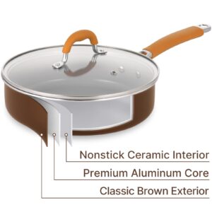 EPPMO Nonstick Ceramic Saute Pan with Lid, Saute Pot With Silicone Handle, Brown,3 Quart