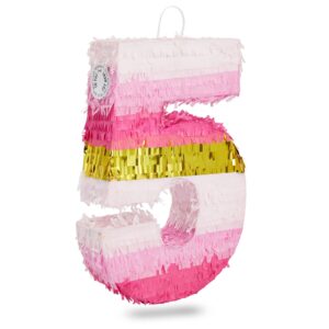 blue panda number 5 pinata, pink and gold foil for girls 5th birthday party decorations (small, 16.5 x 11.6 x 3 in)