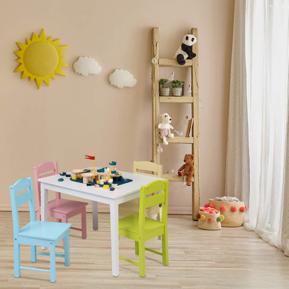 Children's Wooden Table and Chair Set,Kids Wooden Table and Chairs, 5 Pieces Set Includes 4 Chairs and 1 Activity Table, Picnic Table with Chairs for Kids (Colorful)