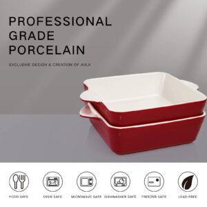 AVLA 2 Pack Porcelain Baking Dish, Square 8.7 Inch Brownie Dish Lasagna Pan Roasted Meat Bakeware Set for Kitchen, 75 OZ Casserole Dish with Double Handle, Vintage Red