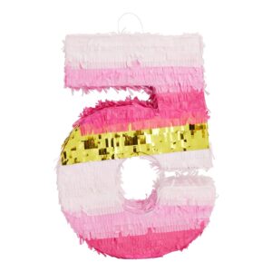 BLUE PANDA Number 5 Pinata, Pink and Gold Foil for Girls 5th Birthday Party Decorations (Small, 16.5 x 11.6 x 3 In)