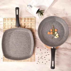 KARACA Gris Biogranite Grill Pan and Pan Set, 2 Pieces, 1 X Frying Pan 26 cm, 1 X Grill Pan 28 cm, Frying Pans, Crepe Pan Granite, Healthy Non-Stick Coating, 7X More Resisstant Against Scratches