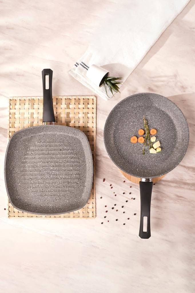 KARACA Gris Biogranite Grill Pan and Pan Set, 2 Pieces, 1 X Frying Pan 26 cm, 1 X Grill Pan 28 cm, Frying Pans, Crepe Pan Granite, Healthy Non-Stick Coating, 7X More Resisstant Against Scratches