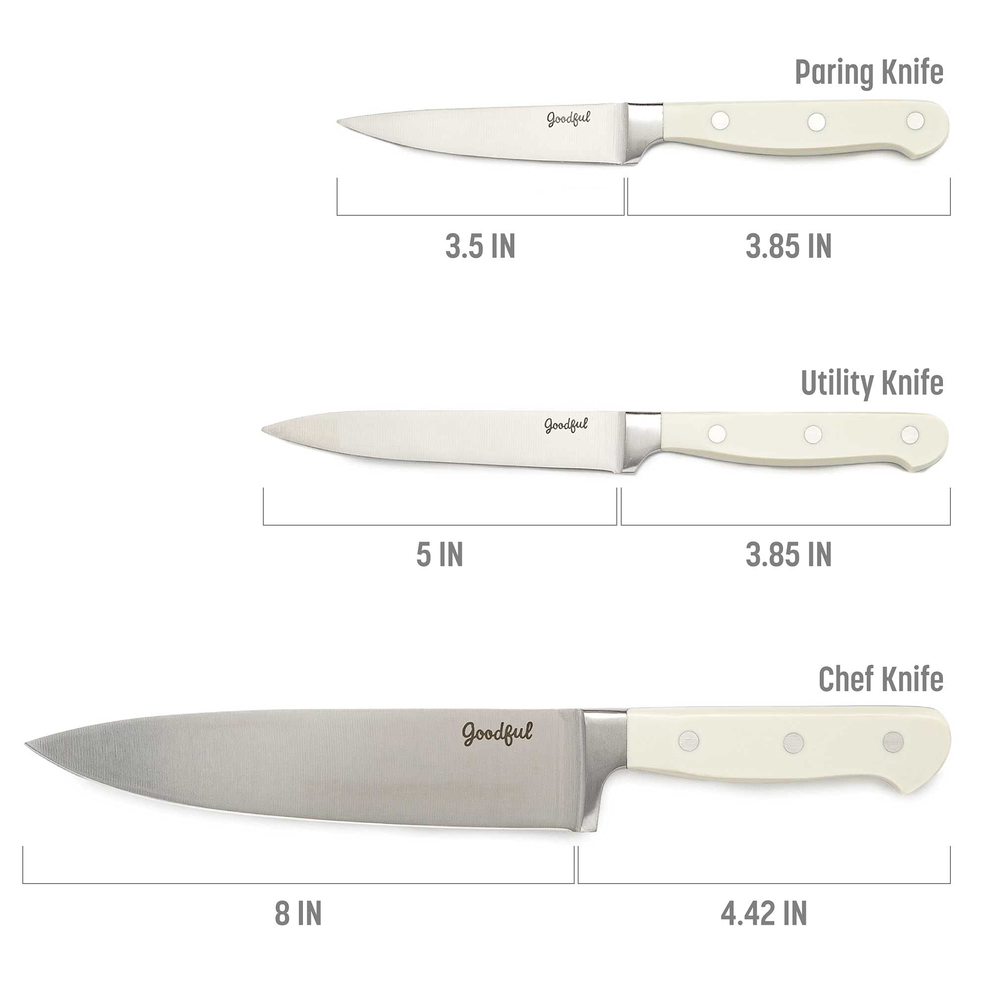 Goodful Premium Cutlery Kitchen Essential Knife Set, High Carbon Stainless Steel Blades Cutlery, Full Tang, Triple Riveted Handles, 3-Piece, Cream