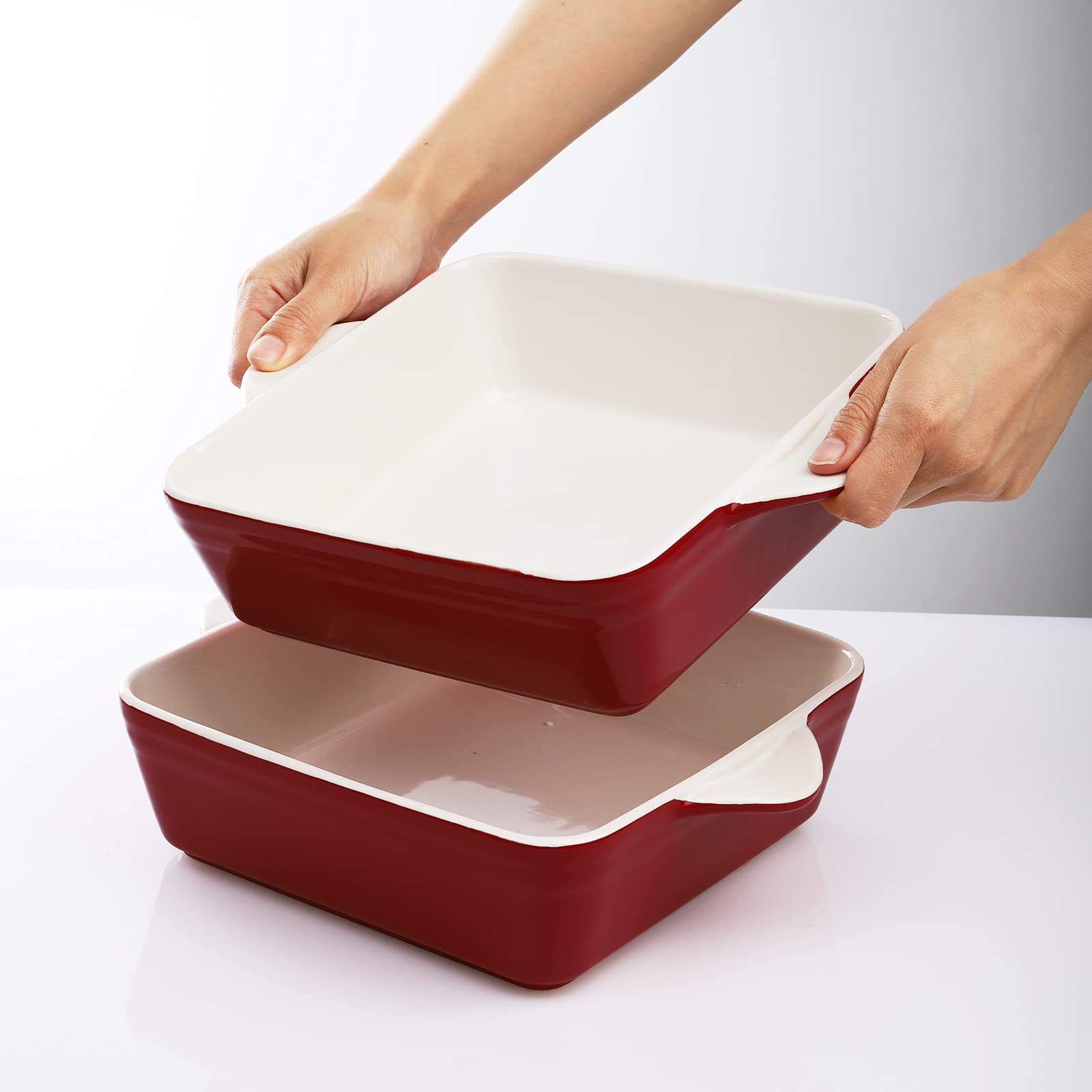 AVLA 2 Pack Porcelain Baking Dish, Square 8.7 Inch Brownie Dish Lasagna Pan Roasted Meat Bakeware Set for Kitchen, 75 OZ Casserole Dish with Double Handle, Vintage Red