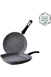 karaca gris biogranite grill pan and pan set, 2 pieces, 1 x frying pan 26 cm, 1 x grill pan 28 cm, frying pans, crepe pan granite, healthy non-stick coating, 7x more resisstant against scratches