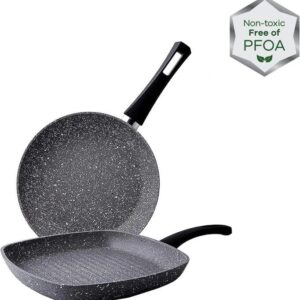 KARACA Gris Biogranite Grill Pan and Pan Set, 2 Pieces, 1 X Frying Pan 26 cm, 1 X Grill Pan 28 cm, Frying Pans, Crepe Pan Granite, Healthy Non-Stick Coating, 7X More Resisstant Against Scratches