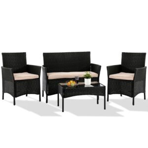 tyyps 4 pieces patio furniture set, garden conversation bistro set with cushion and glass coffee table, rattan wicker chair outdoor wicker conversation set for garden balcony porch poolside black