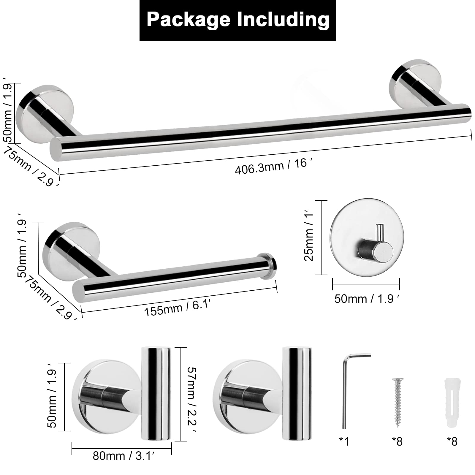 NearMoon 5 Pcs Bathroom Hardware Set SUS 304 Thicken Stainless Steel-Towel Bar Set Include 16" Towel Rod+Toilet Paper Holder+3 Multifunctional Hooks Bathroom Accessories (Chrome Finish)