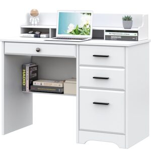 catrimown computer desk with storage drawers and hutch, 44 inch home office desks with 4 drawers & monitor stand for small space, small white desk writing table study desks for bedroom, white