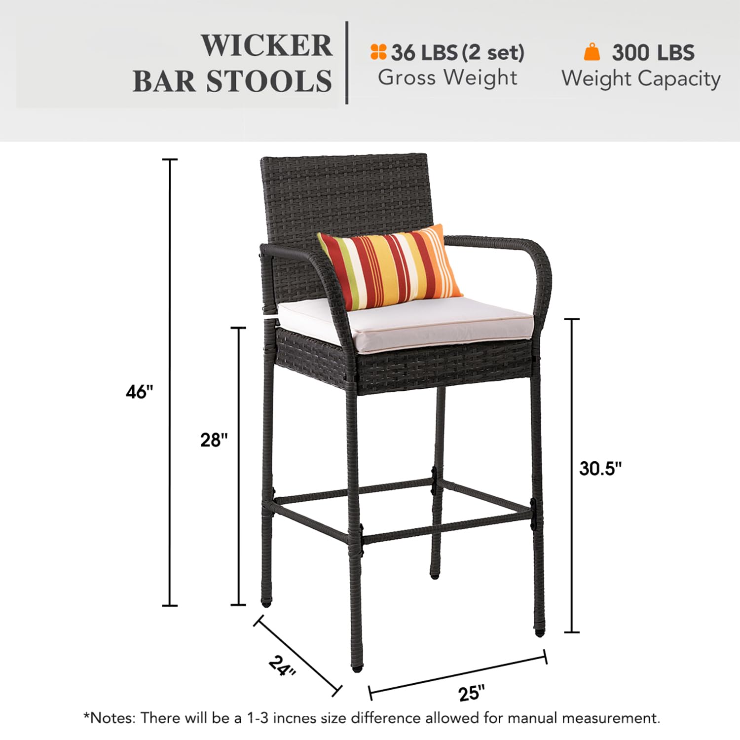 Sundale Outdoor Bar Stools Set of 2, 2 Piece Wicker Bar Stools Rattan Chairs, Patio Bar Chair with Arms, Cushion Beige, All-Weather Wicker Patio Furniture - Steel, Charcoal Dark Gray