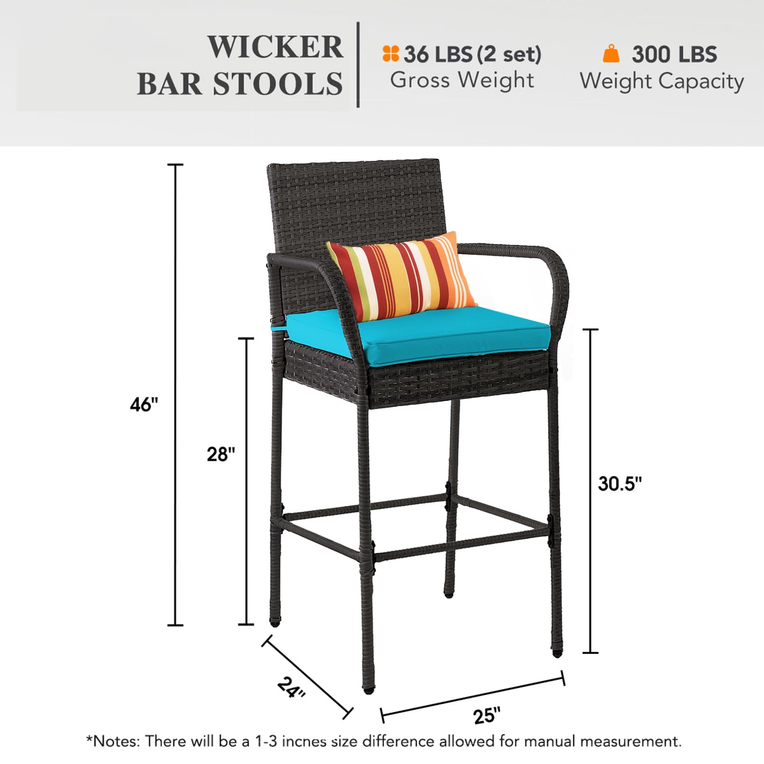 Sundale Outdoor Bar Stools Set of 2, 2 Piece Wicker Bar Stools Rattan Chairs, Patio Bar Chair with Arms, Cushion Blue, All-Weather Wicker Patio Furniture - Steel, Grey