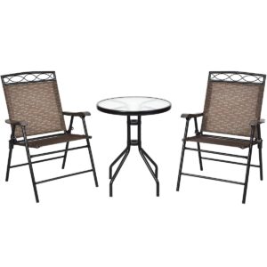 renatone 3 piece patio bistro set, outdoor bistro dining furniture set table & folding chairs for garden, pool, backyard, tempered glass tabletop with umbrella hole