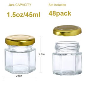 Mcupper 48 Pack 1.5oz Hexagon Glass Jars with Gold Lids, Mini Honey Jars, Small Spice Jars, Jam Jars for Gifts and Wedding Favors