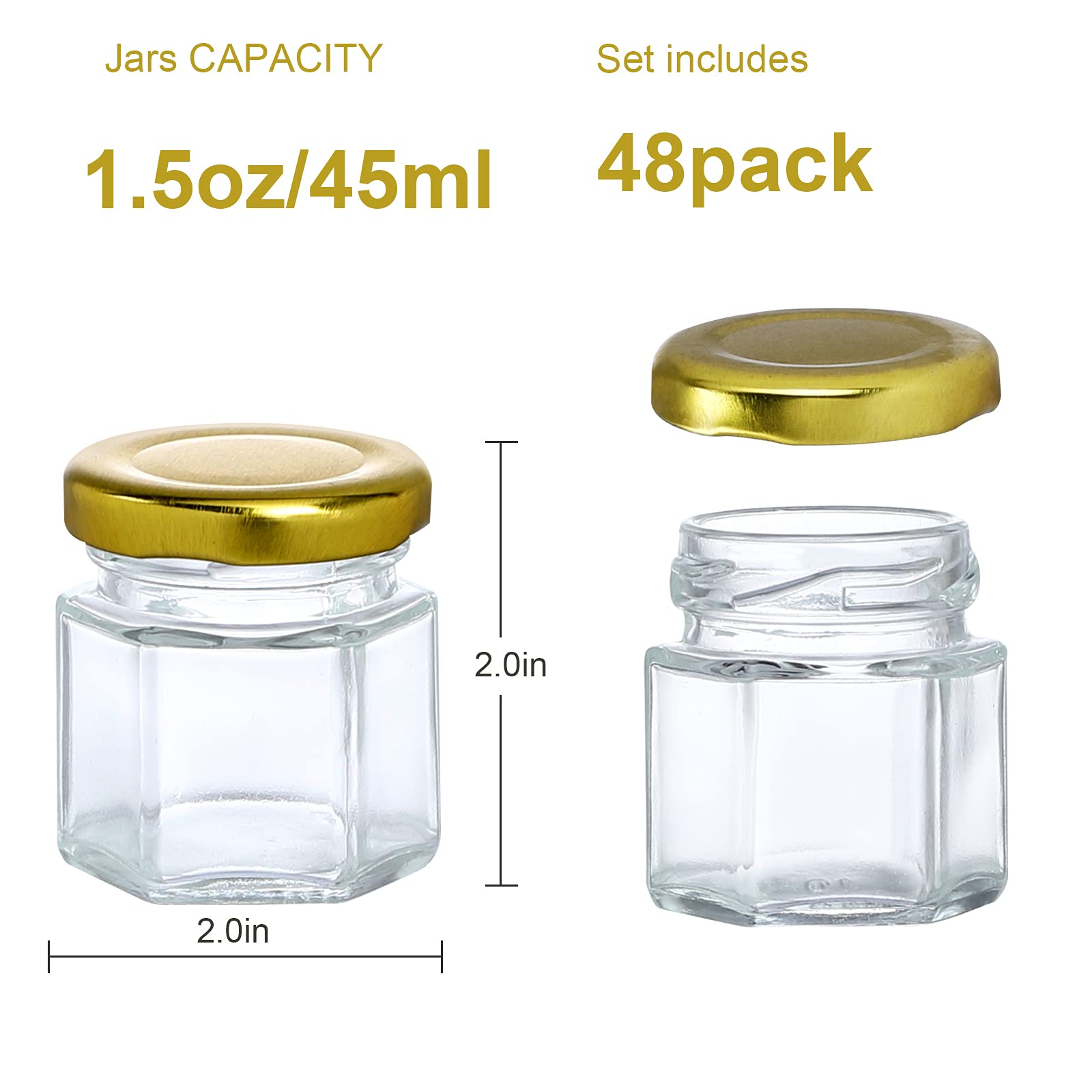 Mcupper 48 Pack 1.5oz Hexagon Glass Jars with Gold Lids, Mini Honey Jars, Small Spice Jars, Jam Jars for Gifts and Wedding Favors