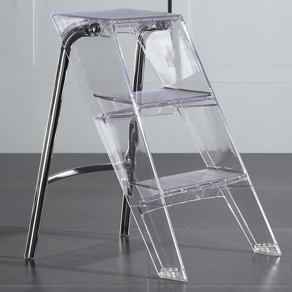 Acrylic 3 Step Ladder Step Stool Transparent L44xW52xH63cm Folding Step Stool 150kg Capacity Ladder for Kitchen Electroplated Silver Iron Frame Household Stool