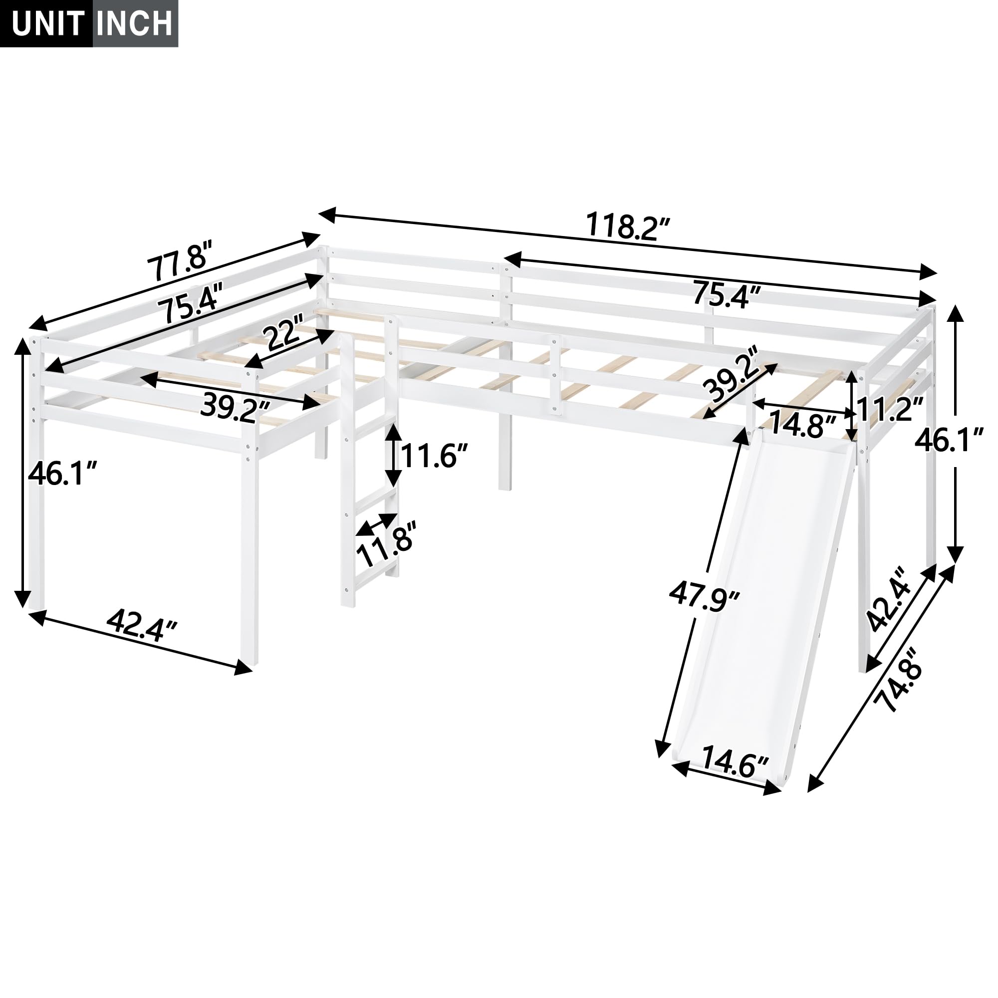 Harper & Bright Designs L-Shape Loft Beds with Slide, Twin Loft Bed Frame Corner Bunk Bed for 2 Kids, Wood White Loft Bed for Girls Boys Teens