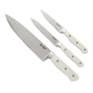 goodful premium cutlery kitchen essential knife set, high carbon stainless steel blades cutlery, full tang, triple riveted handles, 3-piece, cream