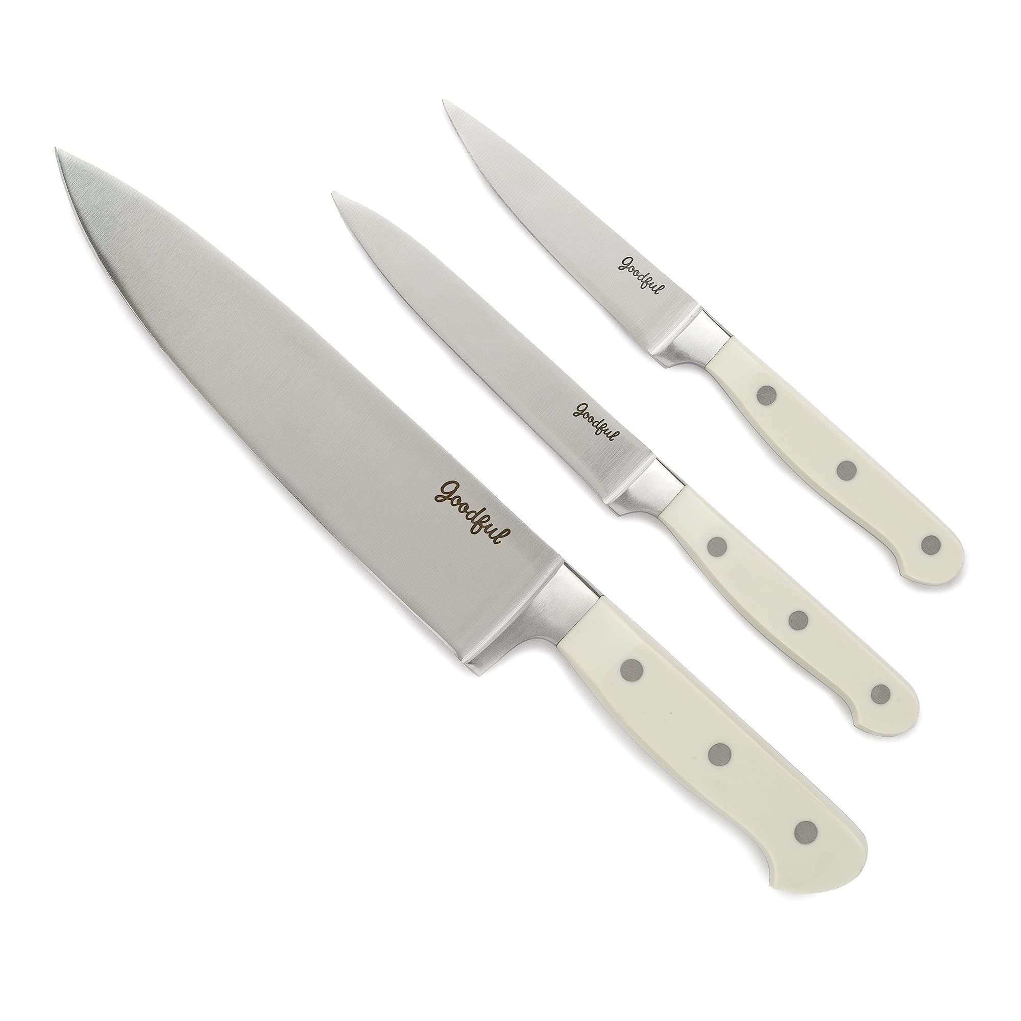 Goodful Premium Cutlery Kitchen Essential Knife Set, High Carbon Stainless Steel Blades Cutlery, Full Tang, Triple Riveted Handles, 3-Piece, Cream