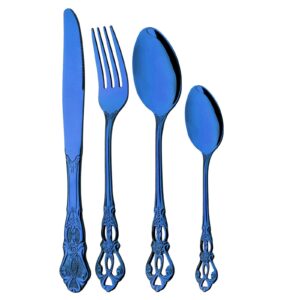 JANKNG Mirror Polished Blue Silverware Set, 24-Piece 18/10 Stainless Steel Shiny Finish Flatware Set Service for 6, Kitchen Utensil Set, Tableware Cutlery Set for Home and Restaurant Dishwasher Safe