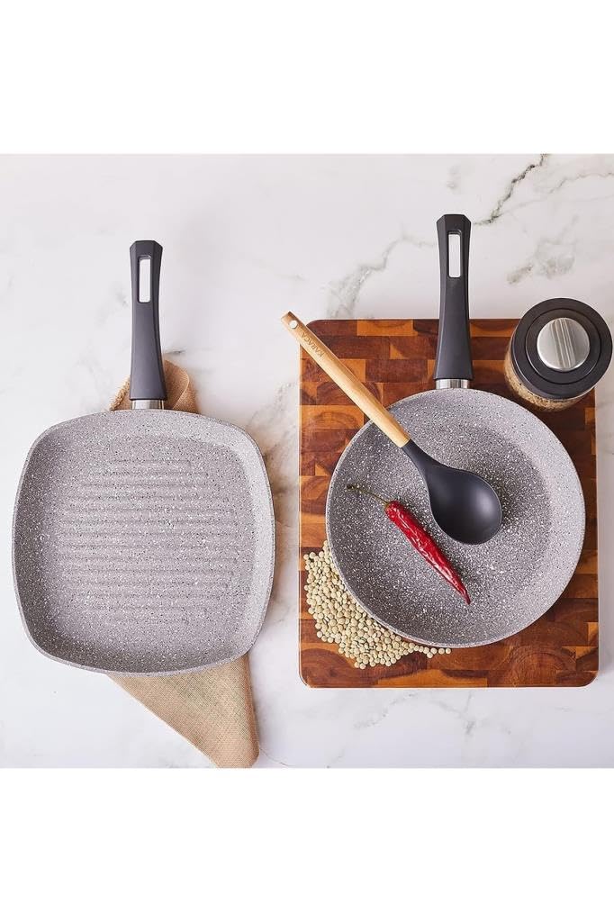 KARACA Gris Biogranite Grill Pan and Pan Set, 2 Pieces, 1 X Frying Pan 26 cm, 1 X Grill Pan 28 cm, Frying Pans, Crepe Pan Granite, Healthy Non-Stick Coating, 7X More Resisstant Against Scratches