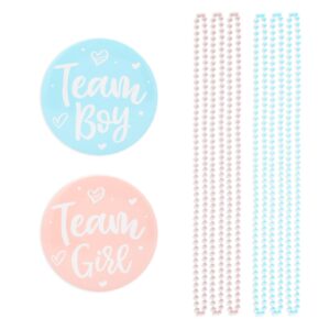 sparkle and bash baby gender reveal party favors, team boy and girl button pins, bead necklaces (48 pieces)