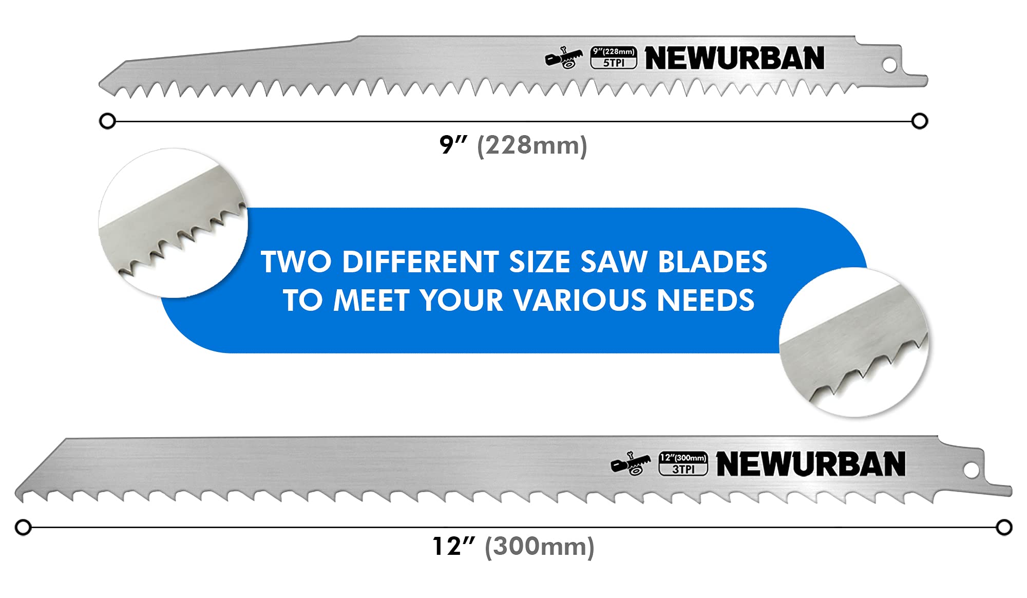 NEWURBAN 5 Pack Stainless Steel Reciprocating Saw Blades 5TPI 9 in (228mm) - 3 pcs / 3TPI 12 in (300mm) - 2 pcs for Frozen Meat Bone Food Cutting - Bonesaw Blade