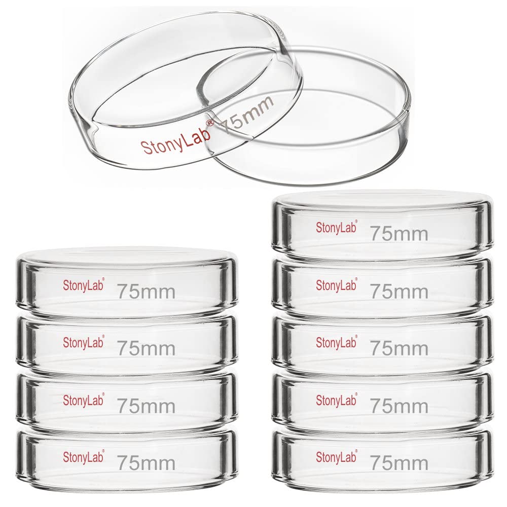 stonylab 10pk Glass Petri Dishes, 75x15 mm Autoclavable Borosilicate Glass Cell Culture Dishes Petri Dishes with Clear Lid for Laboratory