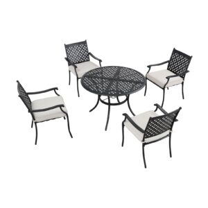 festival depot 5 piece patio dining set of 4 armchairs with cushions and round black table with 2.04" umbrella hole wrought iron outdoor furniture for deck lawn poolside (beige)